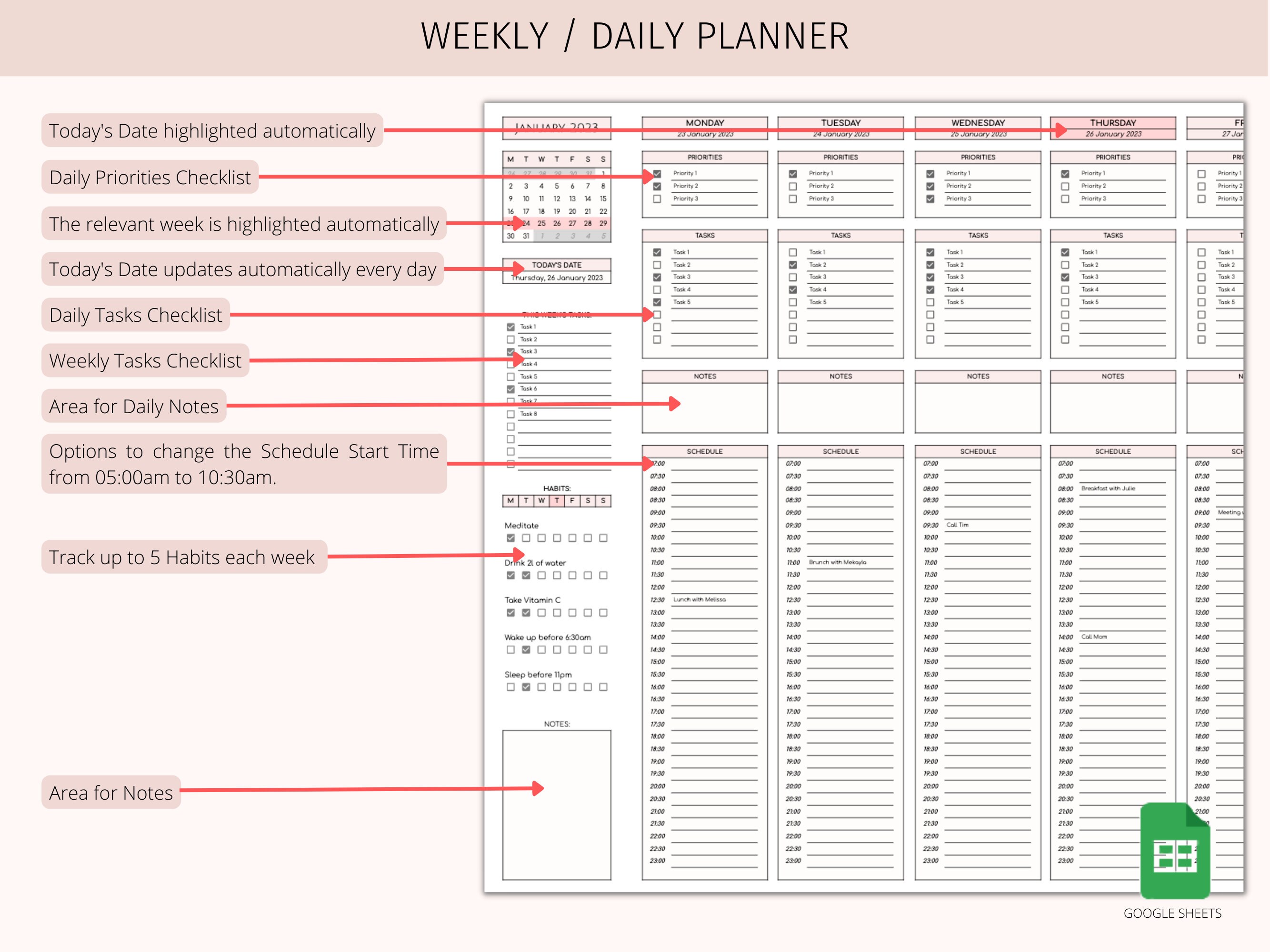 Monthly & Weekly Calendar Planner Google Sheets Spreadsheet | Automated ...