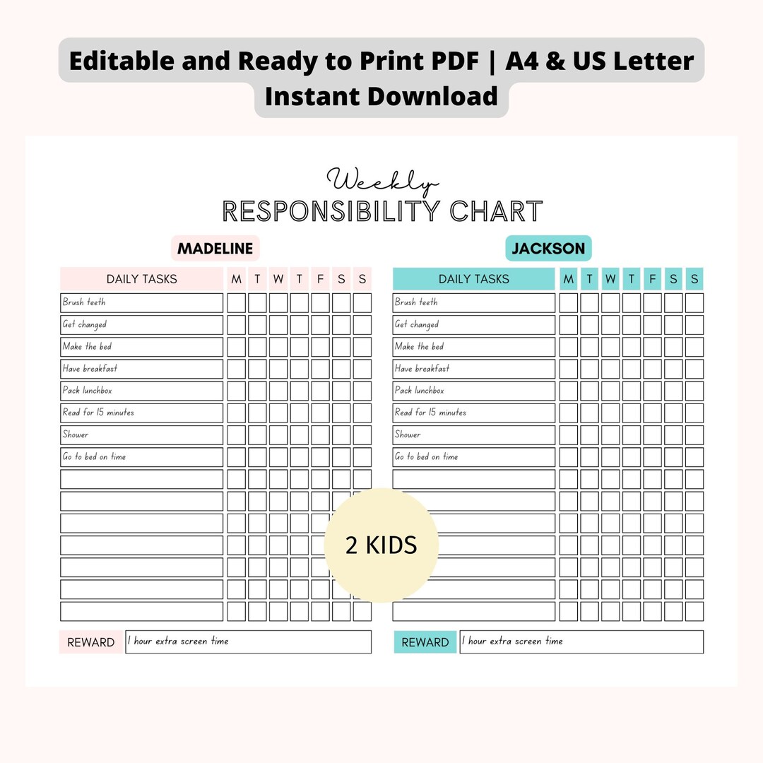 EDITABLE Multiple Kids Weekly Chore Chart 2 Kids Chore Chart - Etsy