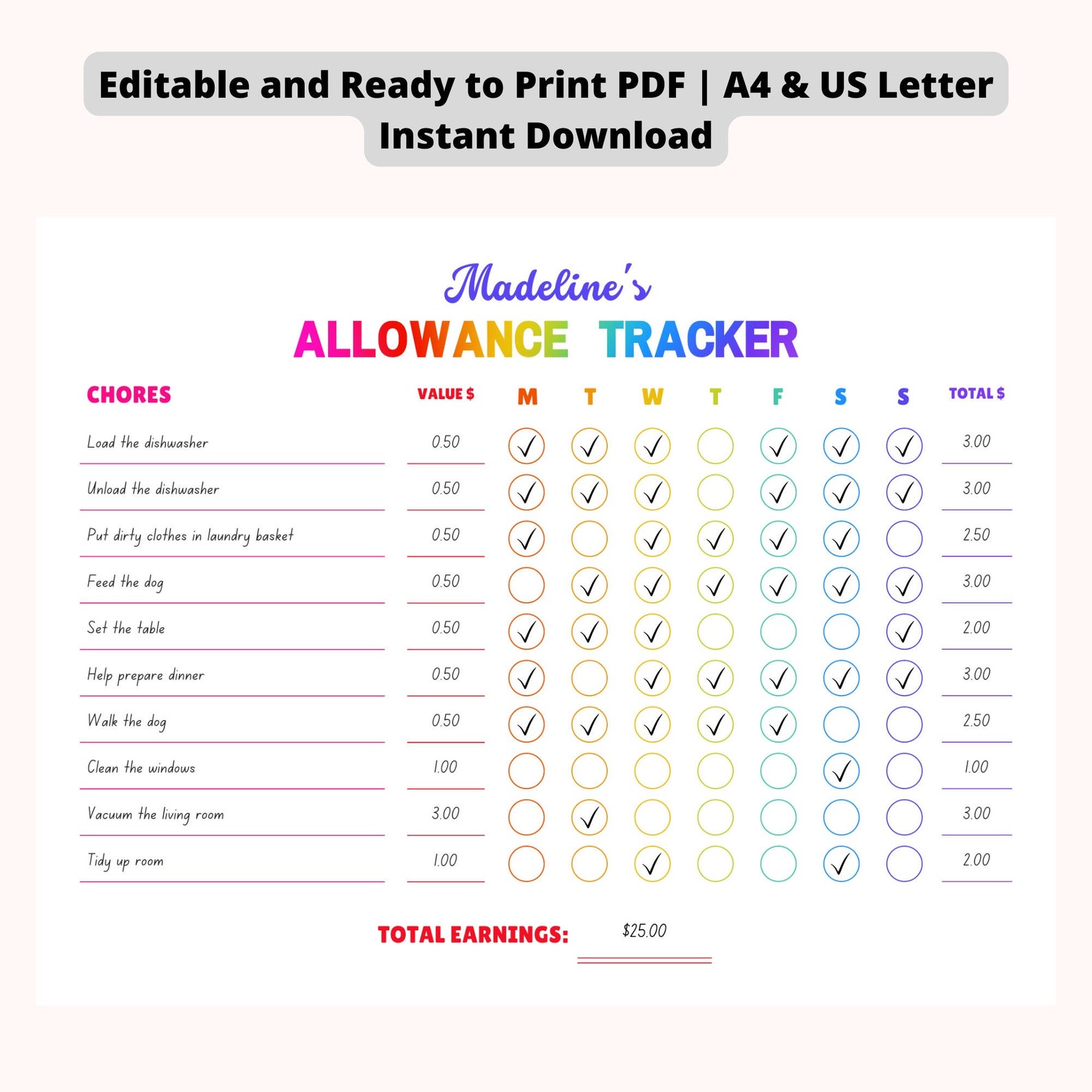 EDITABLE Allowance Chore Chart Rainbow Allowance Tracker - Etsy