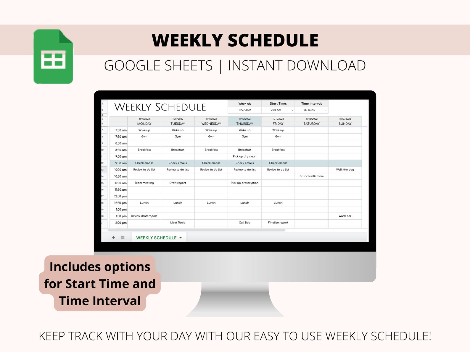 Weekly Schedule Google Sheets Daily Schedule Digital - Etsy