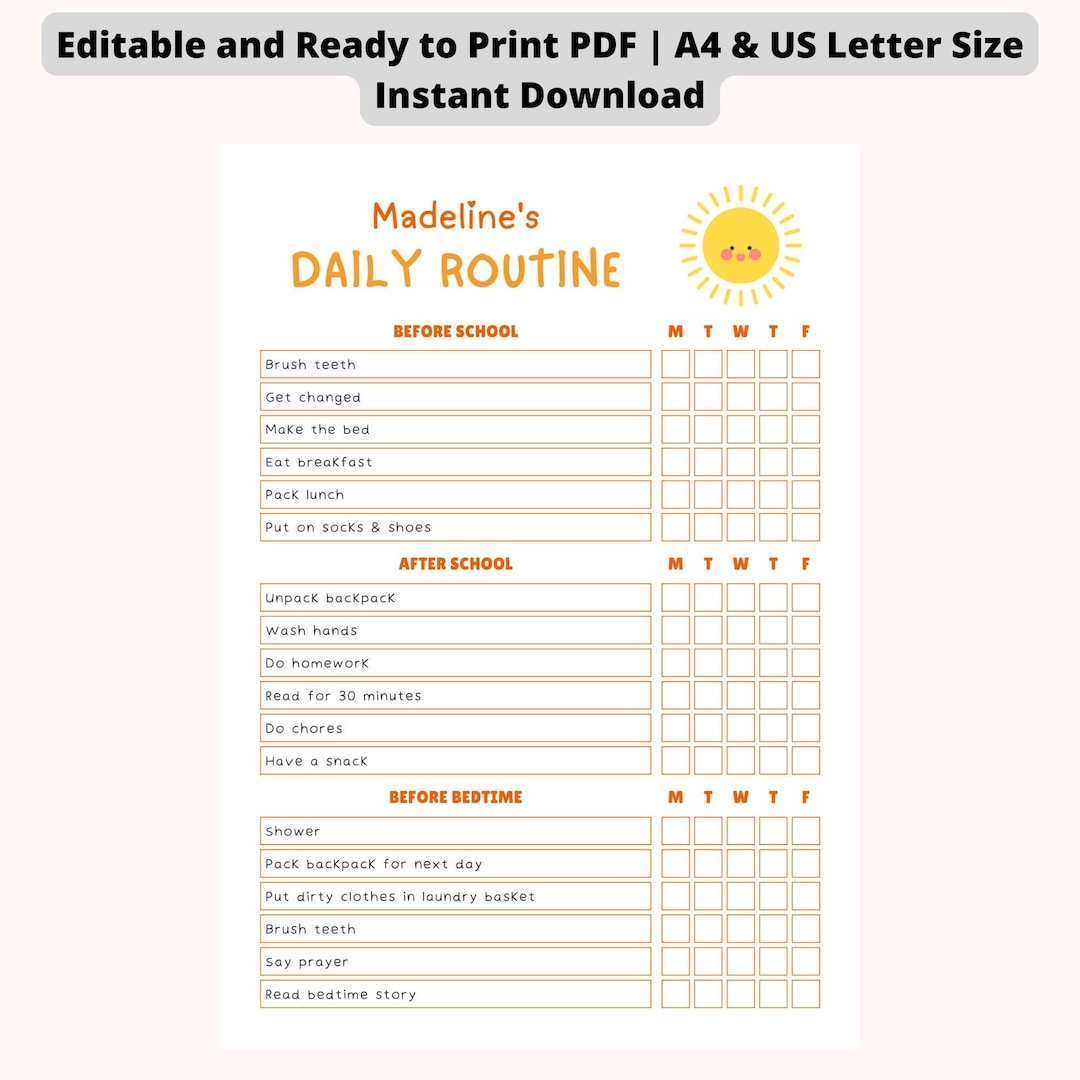 EDITABLE Kids Daily Checklist | Kids Routine Checklist | Daily Routine ...