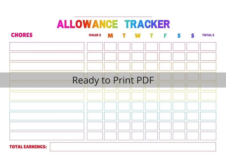 EDITABLE Allowance Chore Chart - Rainbow | Allowance Tracker | Editable ...