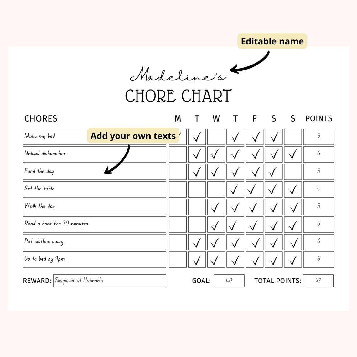 EDITABLE Daily Chore Chart With Reward Points System - Minimalist ...