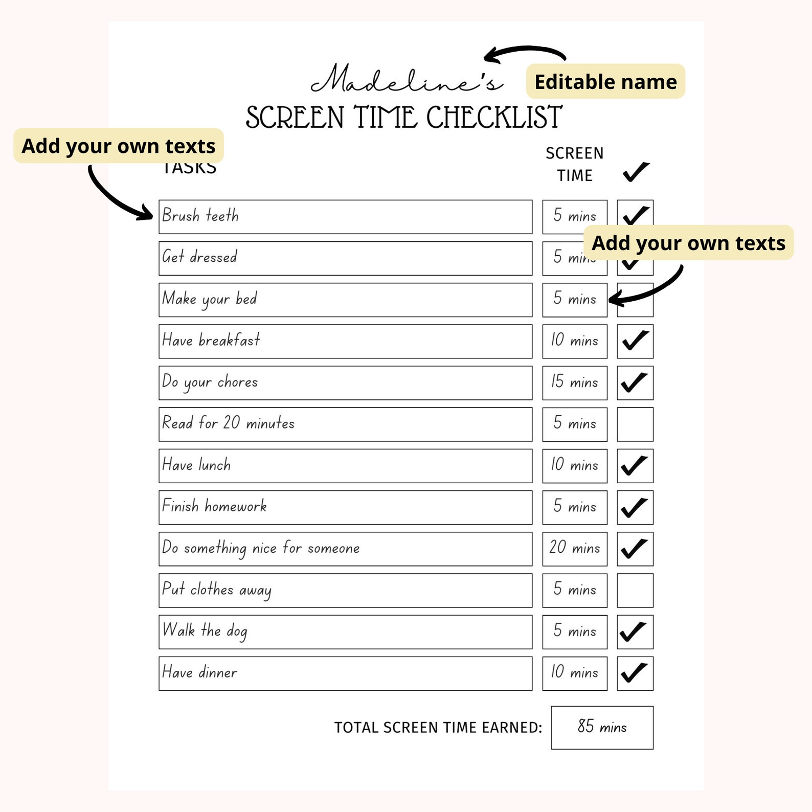 EDITABLE Screen Time Checklist - Minimalist | Screen Time Tracker ...