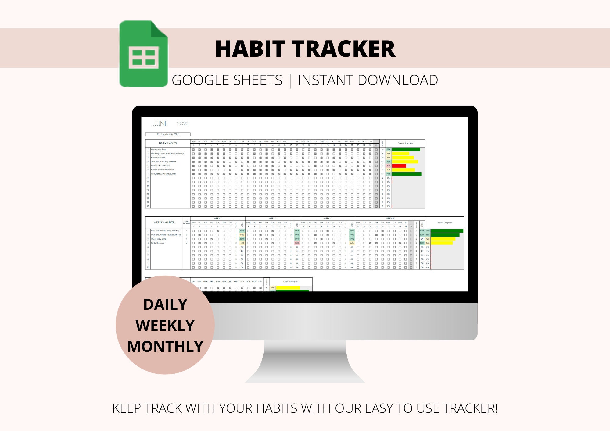 Habit Tracker Google Sheets Spreadsheet | Daily Habit Tracker | Weekly ...