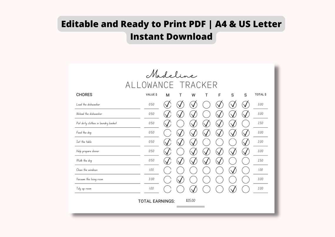 EDITABLE Allowance Chore Chart - Minimalist | Allowance Tracker ...
