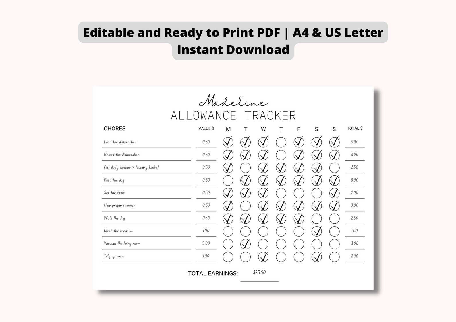 EDITABLE Allowance Chore Chart - Minimalist | Allowance Tracker ...