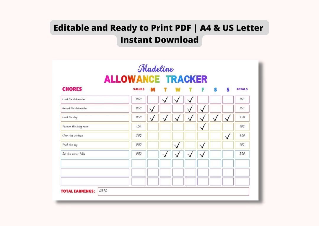 EDITABLE Allowance Chore Chart - Rainbow | Allowance Tracker | Editable ...