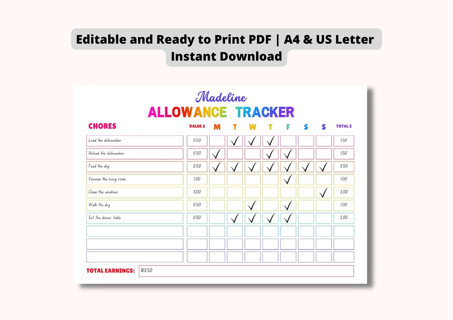 EDITABLE Allowance Chore Chart - Rainbow | Allowance Tracker | Editable ...