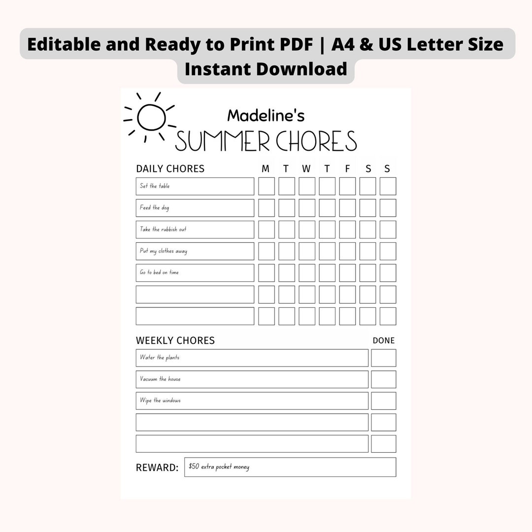 EDITABLE Summer Daily & Weekly Chore Chart - Minimalist | Simple Reward ...