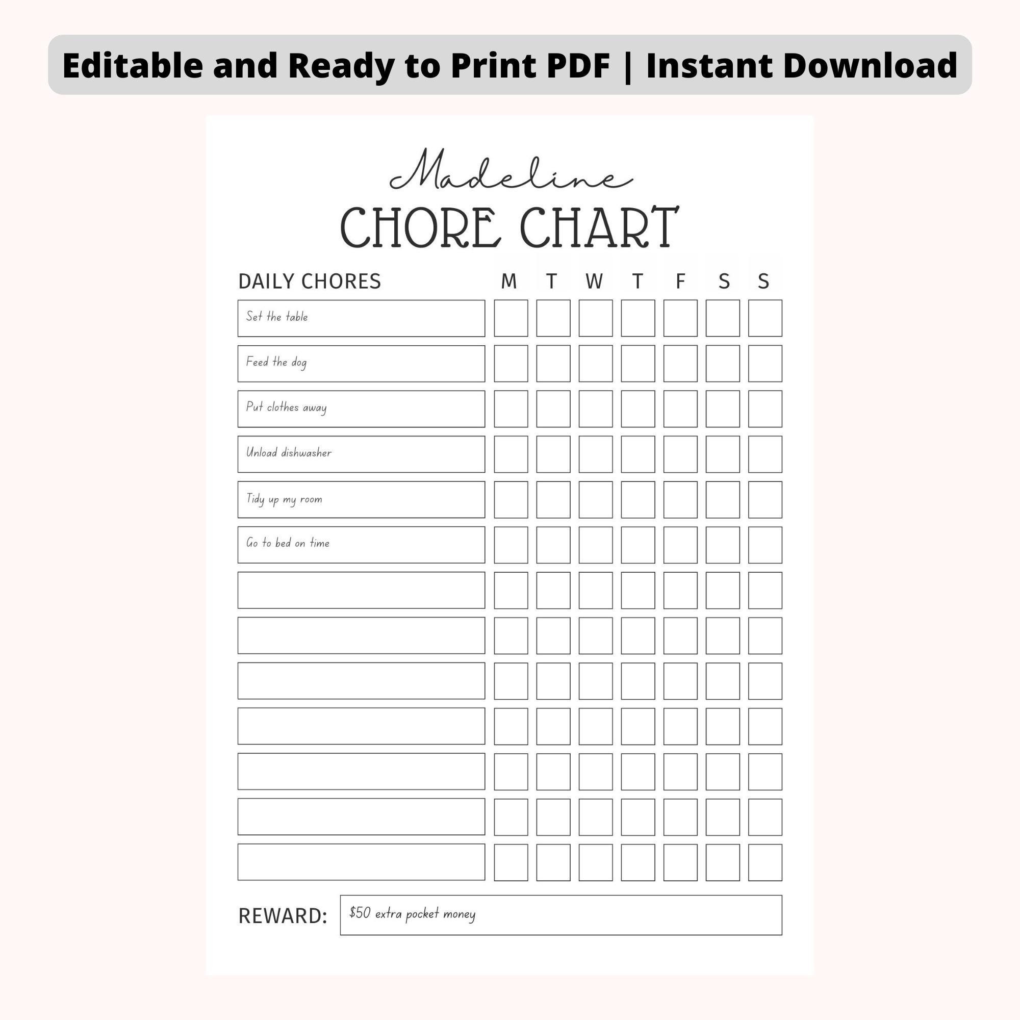 EDITABLE Daily Chore Chart for Teens - Minimalist | Simple Teens Reward ...