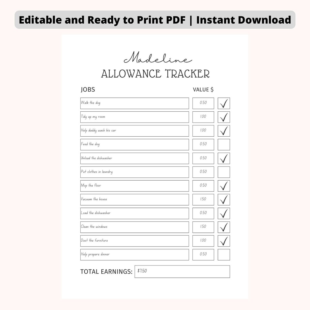 EDITABLE Allowance Chore Chart - Minimalist | Allowance Tracker ...