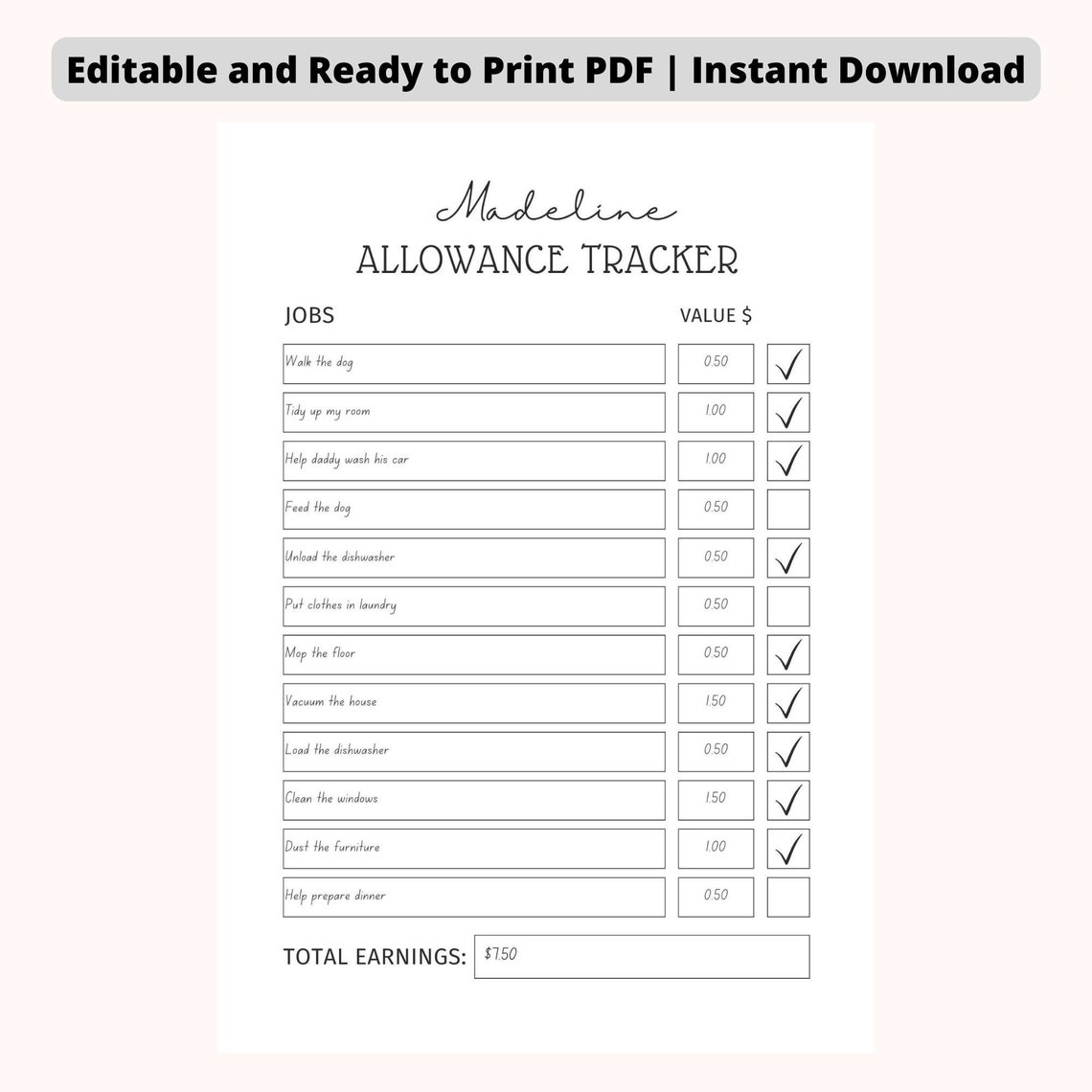 EDITABLE Allowance Chore Chart - Minimalist | Allowance Tracker ...