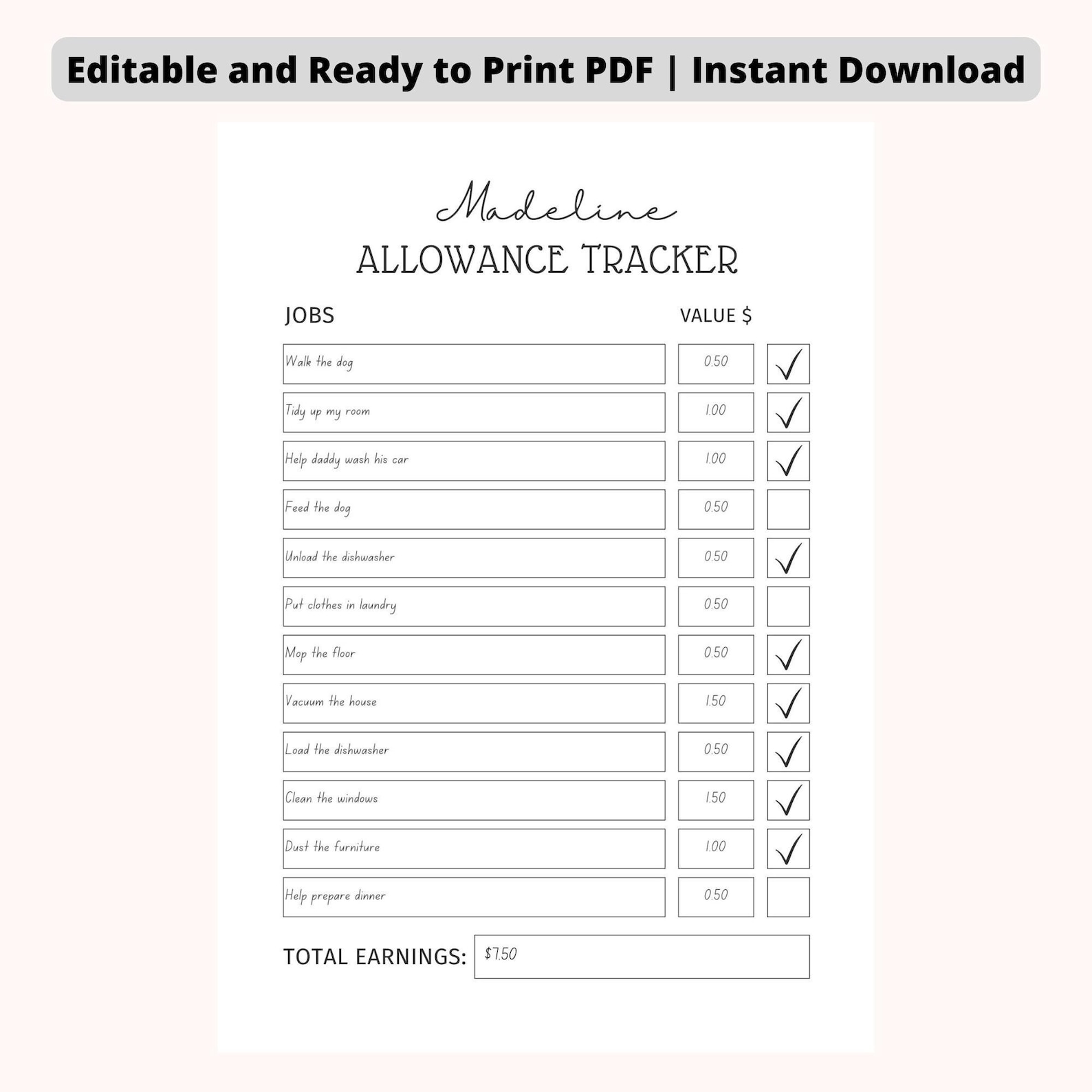 EDITABLE Allowance Chore Chart - Minimalist | Allowance Tracker ...
