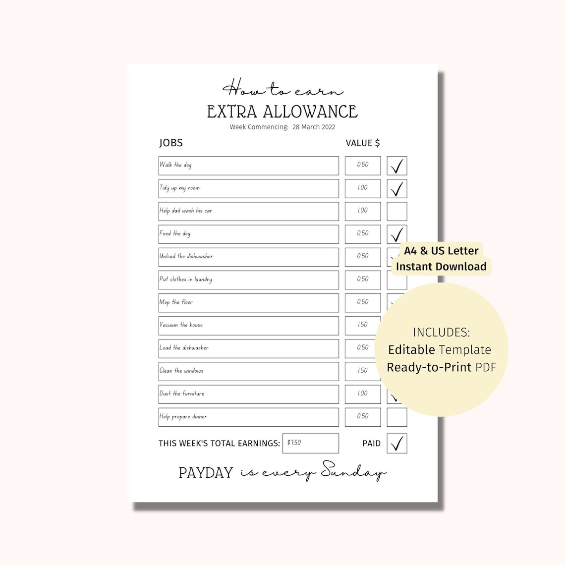EDITABLE Allowance Chore Chart - Minimalist | How to Earn Money ...