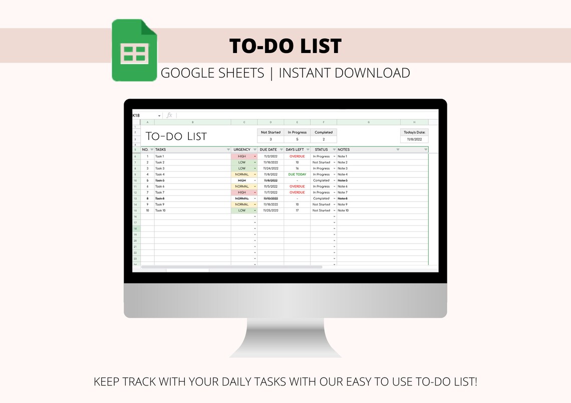 To Do List Google Sheets | Task Planner | Editable to Do List With Due ...