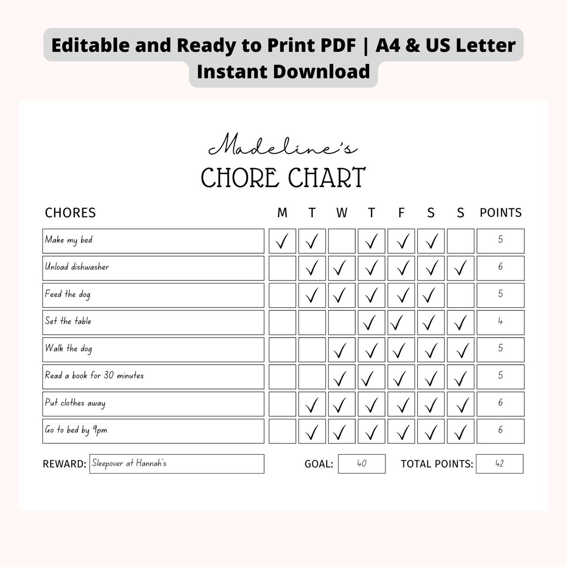 EDITABLE Daily Chore Chart With Reward Points System - Etsy