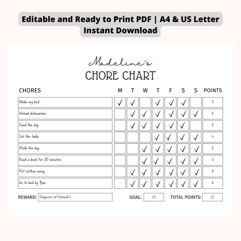 EDITABLE Daily Chore Chart With Reward Points System - Etsy