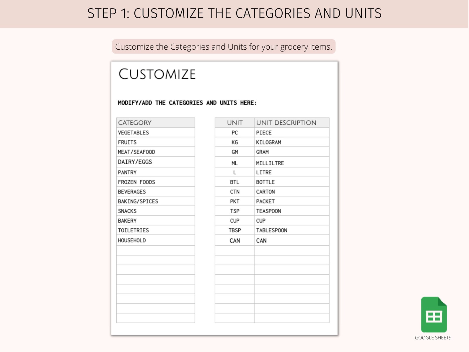 Editable Meal Planner and Grocery List Google Sheets Spreadsheet Fully ...