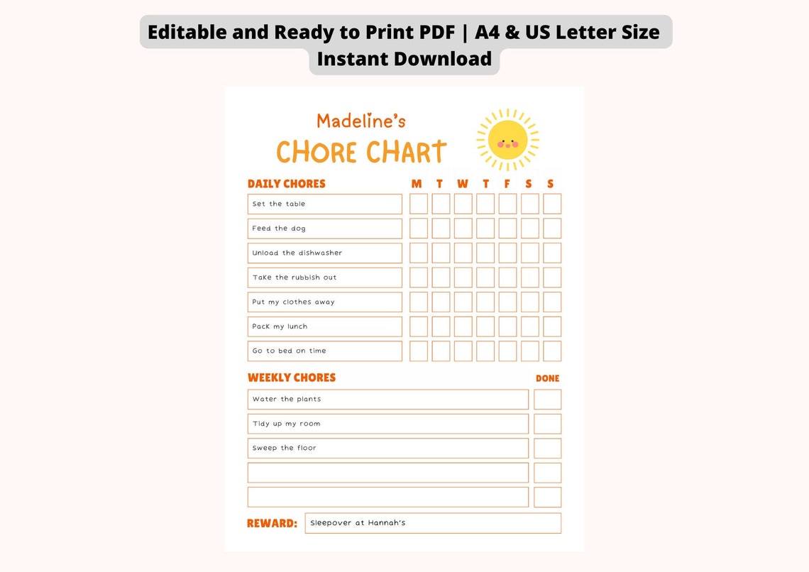 EDITABLE Kids Daily & Weekly Chore Chart Kids Reward Chore Chart Kids ...