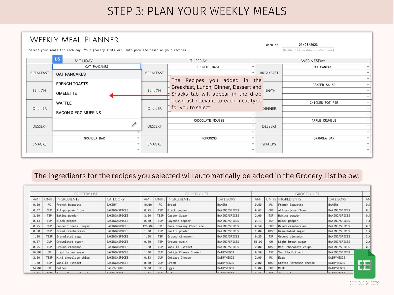 Editable Meal Planner and Grocery List Google Sheets Spreadsheet Fully ...