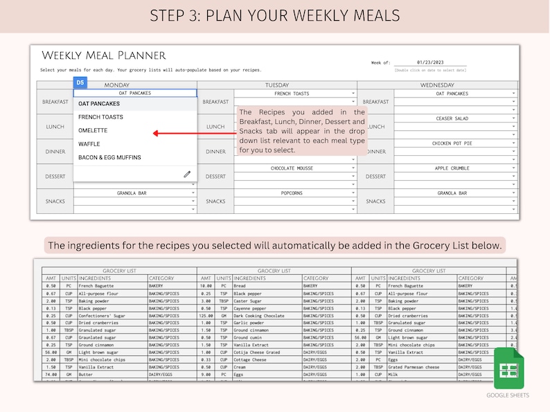 Editable Meal Planner and Grocery List Google Sheets Spreadsheet ...