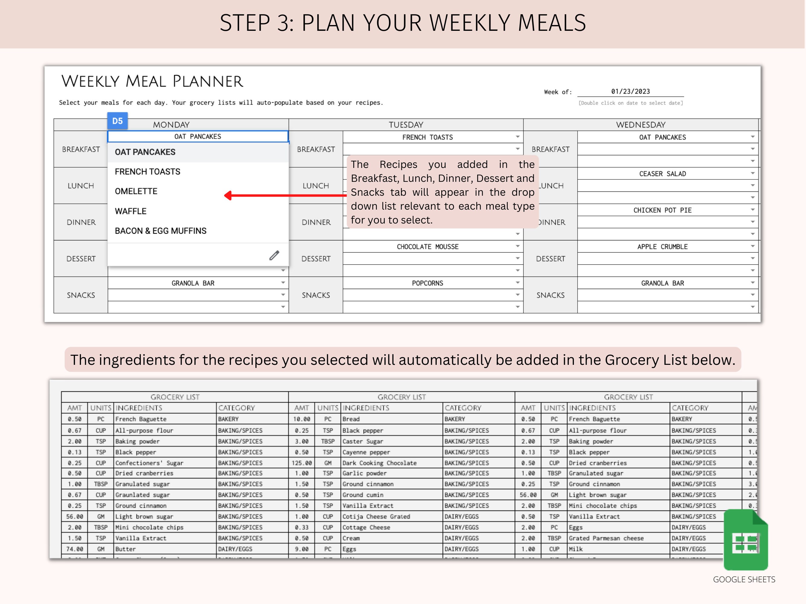 Editable Meal Planner and Grocery List Google Sheets Spreadsheet ...