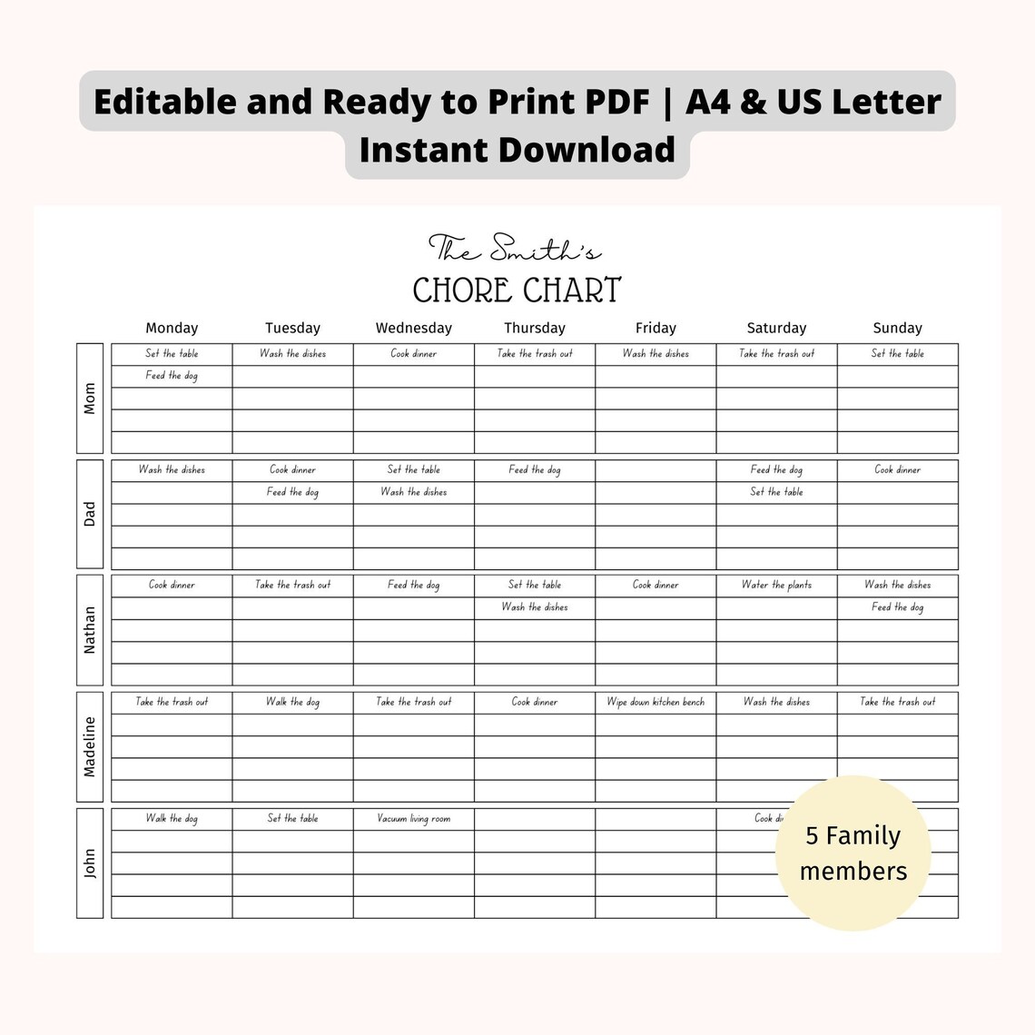 EDITABLE Family Chore Chart Cleaning Schedule | Etsy