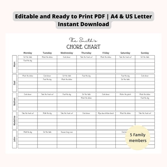 EDITABLE Family Chore Chart Cleaning Schedule - Etsy