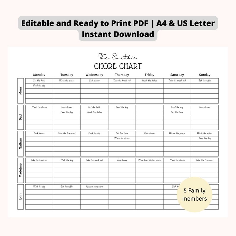 EDITABLE Family Chore Chart Cleaning Schedule | Etsy