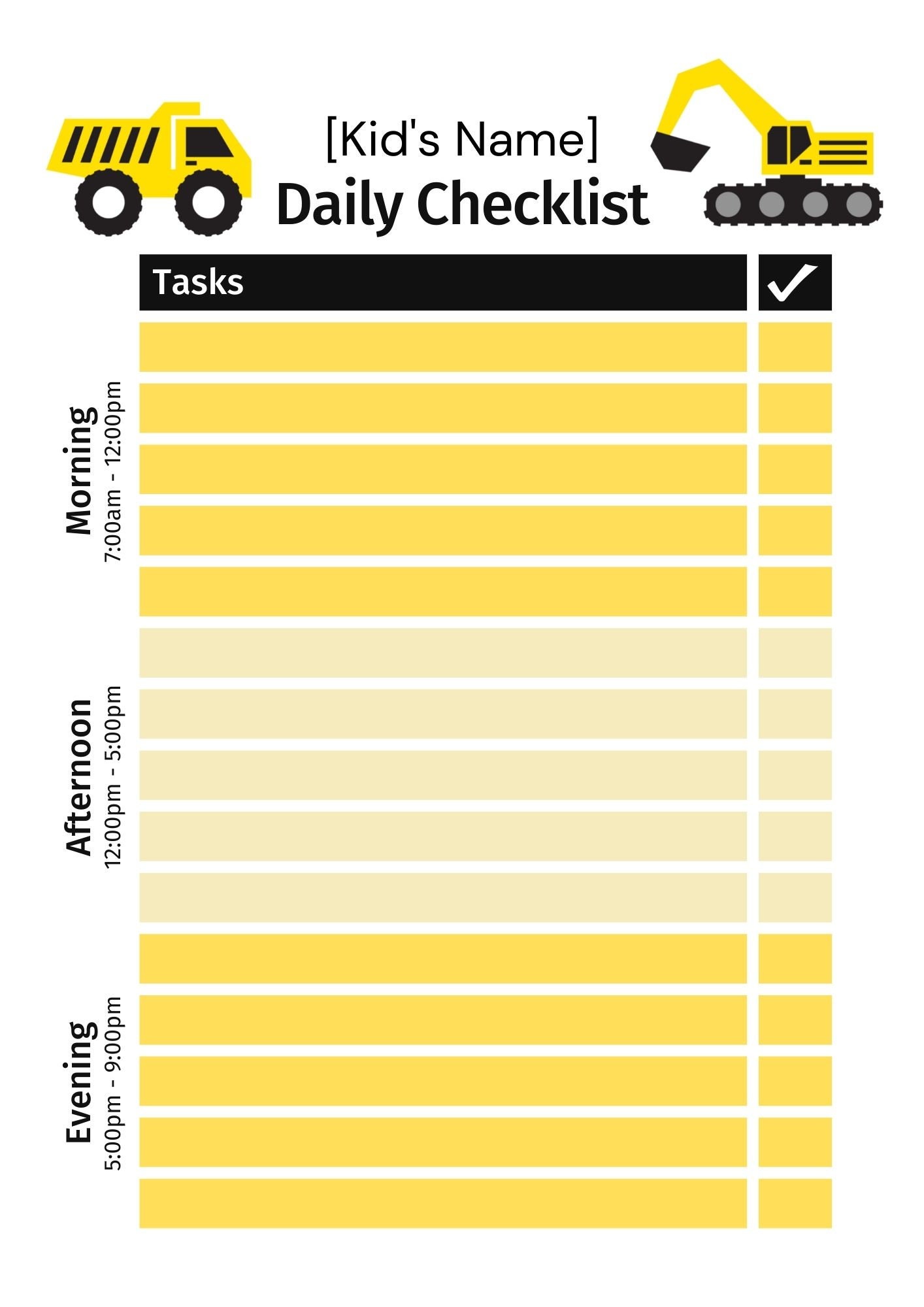 EDITABLE Kids Daily Checklist - Construction Trucks | Kids Routine ...