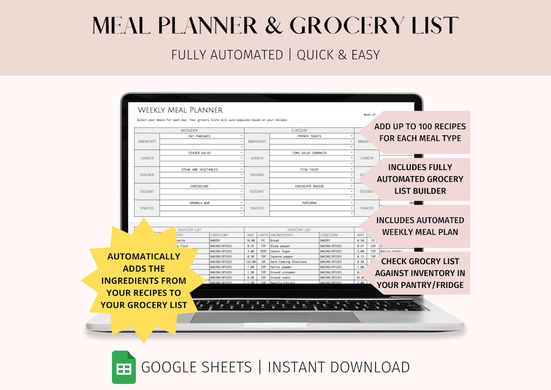 Weekly Meal Planner: Automated Grocery List, Google Sheets (digital ...