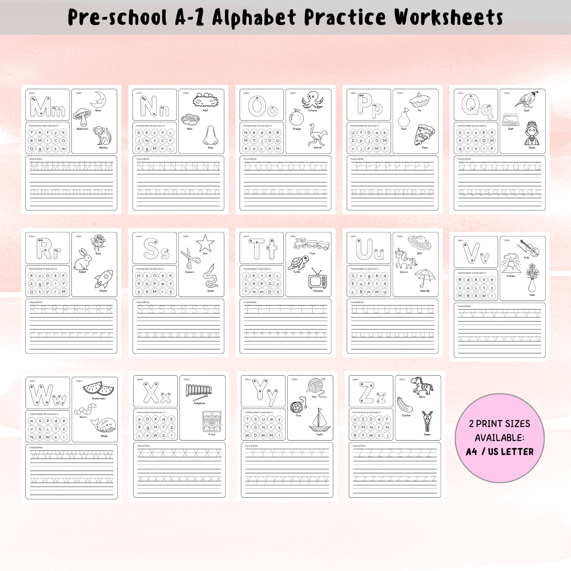 Preschool A-Z Upper & Lowercase Alphabet Practice Worksheets, Toddlers ...
