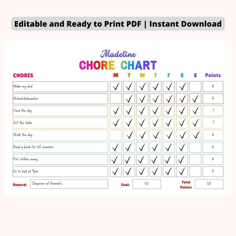 EDITABLE Daily Chore Chart With Reward Points System Rainbow - Etsy