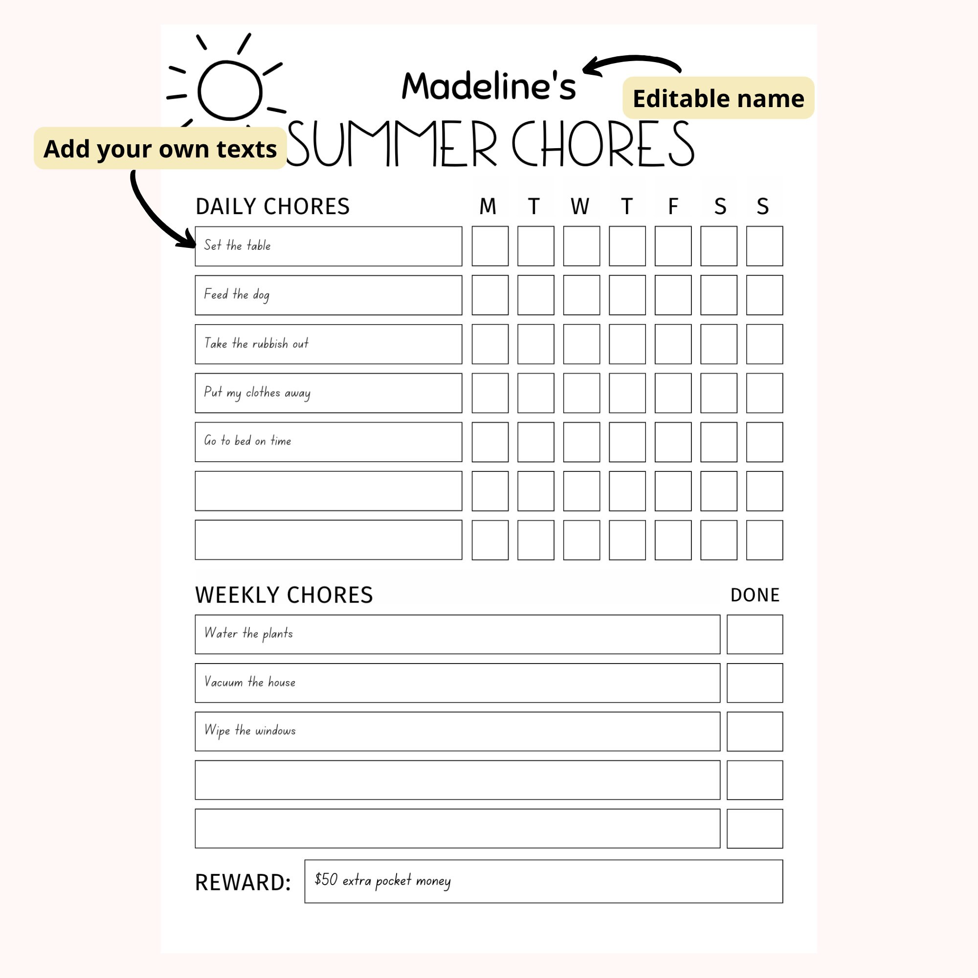 EDITABLE Summer Daily & Weekly Chore Chart - Minimalist | Simple Reward ...