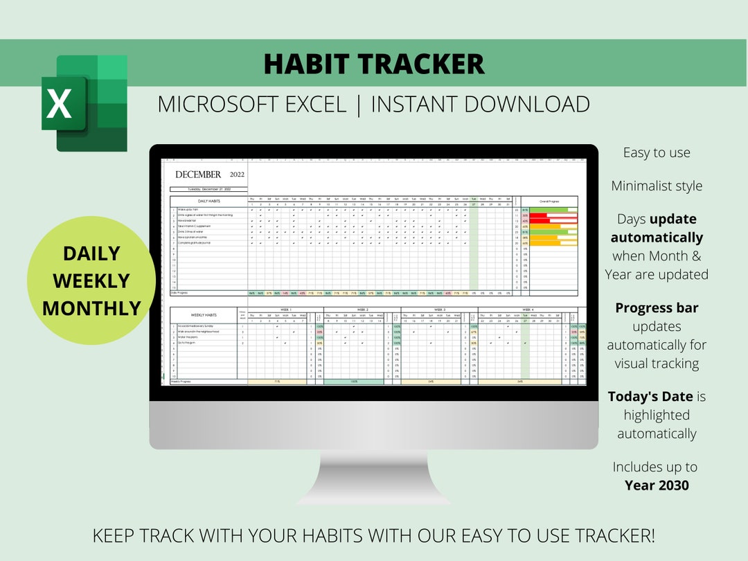 Habit Tracker Excel Spreadsheet Daily Habit Tracker Weekly - Etsy