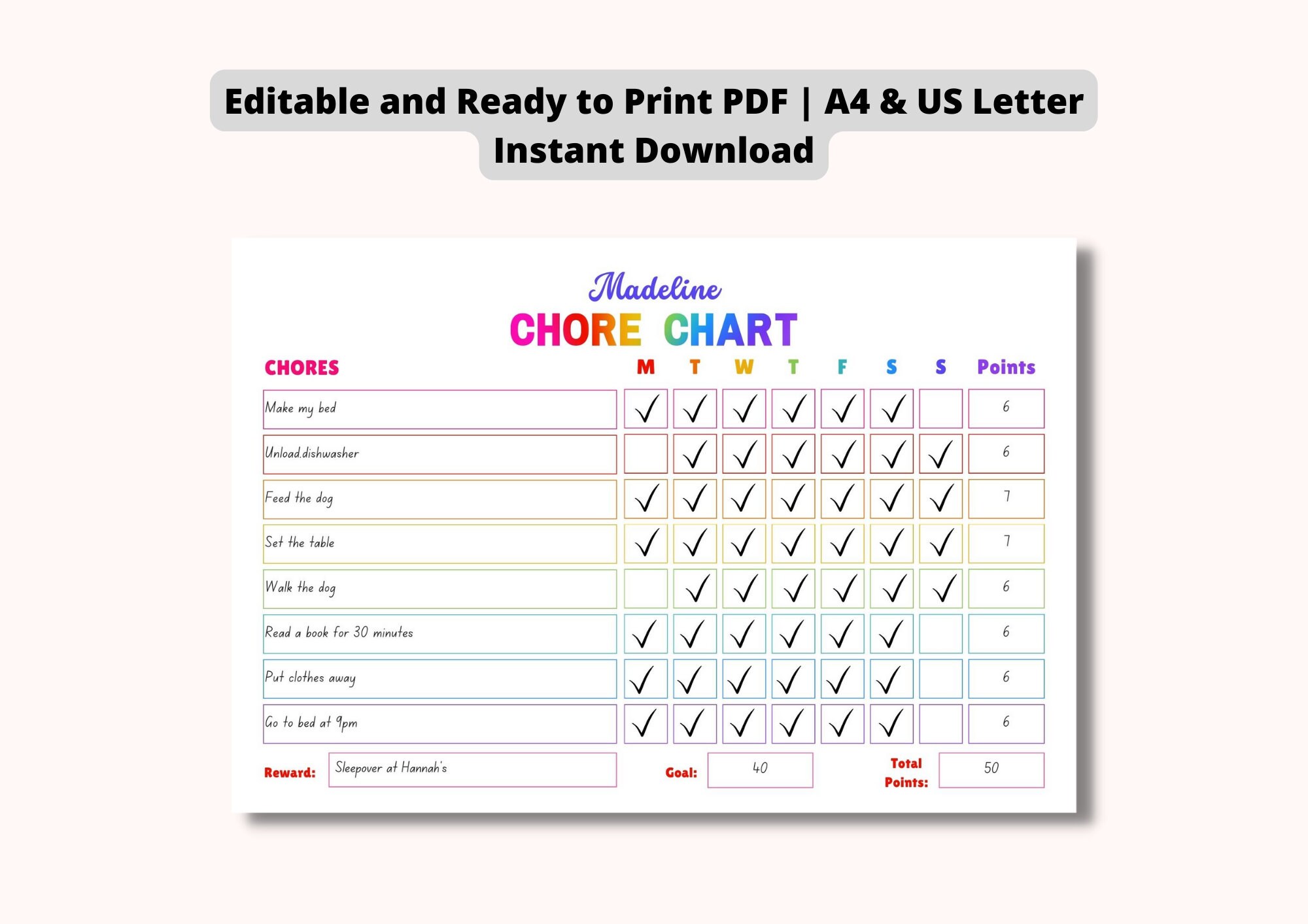 EDITABLE Daily Chore Chart With Reward Points System Rainbow Kids Teens ...