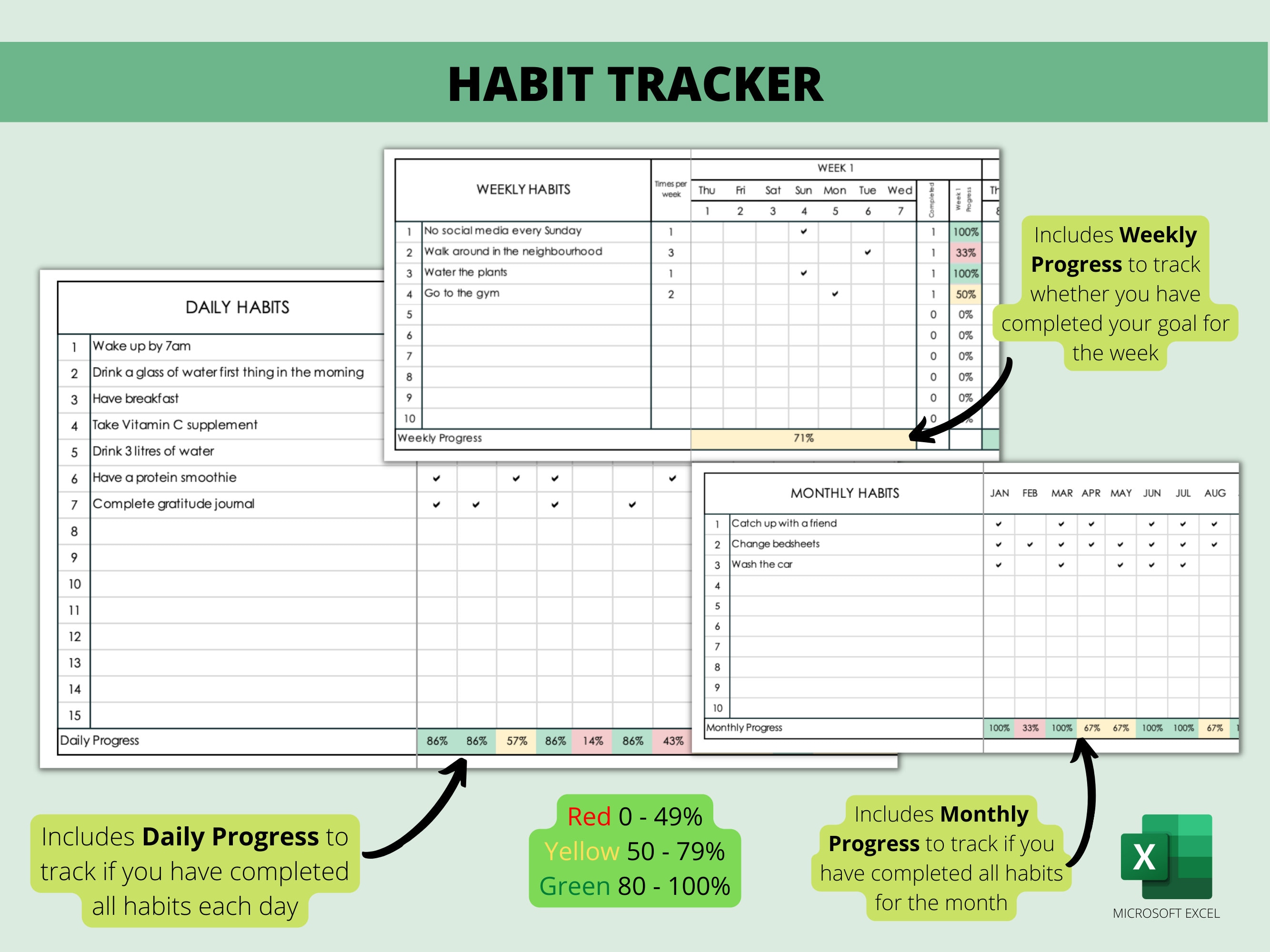 Habit Tracker Excel Spreadsheet Daily Habit Tracker Weekly Habit ...