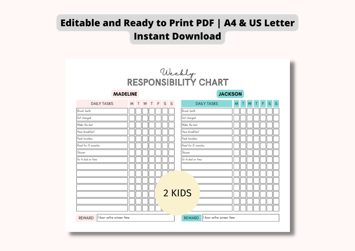 EDITABLE Multiple Kids Weekly Chore Chart 2 Kids Chore Chart - Etsy