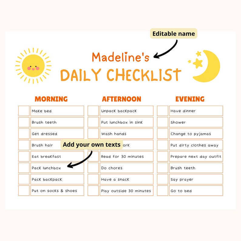 EDITABLE Kids Daily Checklist | Kids Routine Checklist | Daily Routine ...