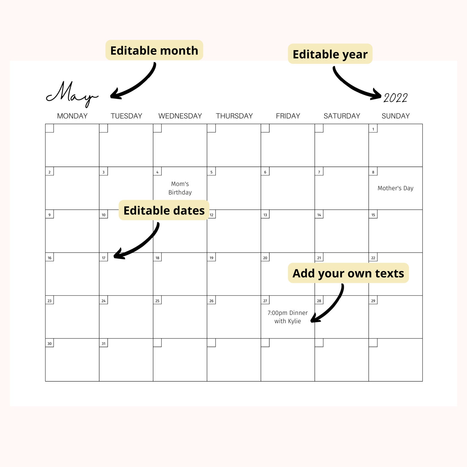 EDITABLE Undated Monthly Planner Landscape Minimalist Printable Monthly ...