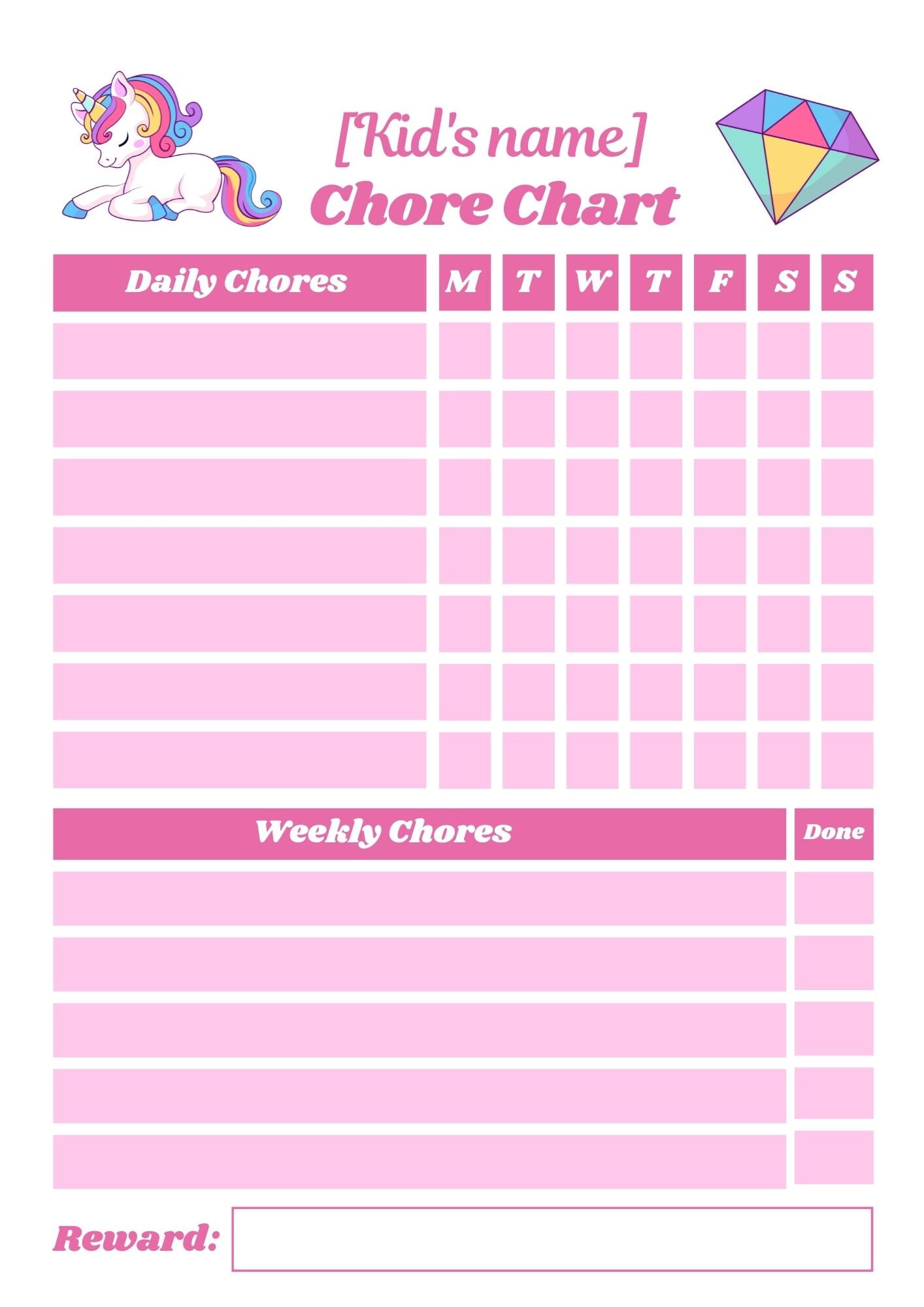 EDITABLE Kids Daily & Weekly Chore Chart Unicorn Kids Checklist Kids ...