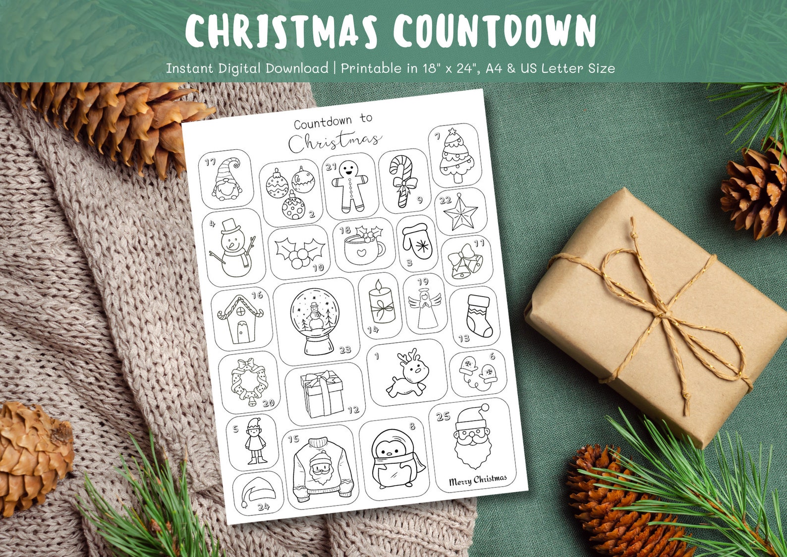 Printable Christmas Countdown, Christmas Coloring Page for Kids ...