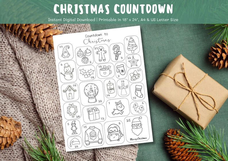 Printable Christmas Countdown, Christmas Coloring Page for Kids ...