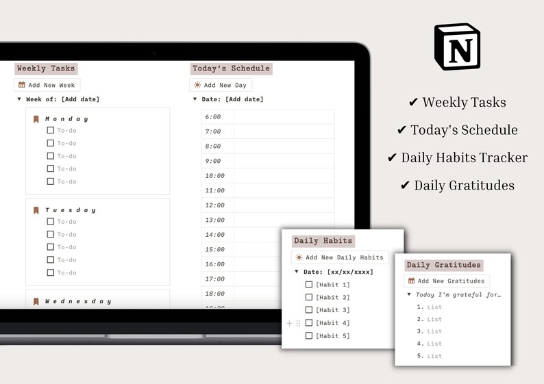 Notion Weekly Planner Template Digital Planner Weekly Tasks - Etsy