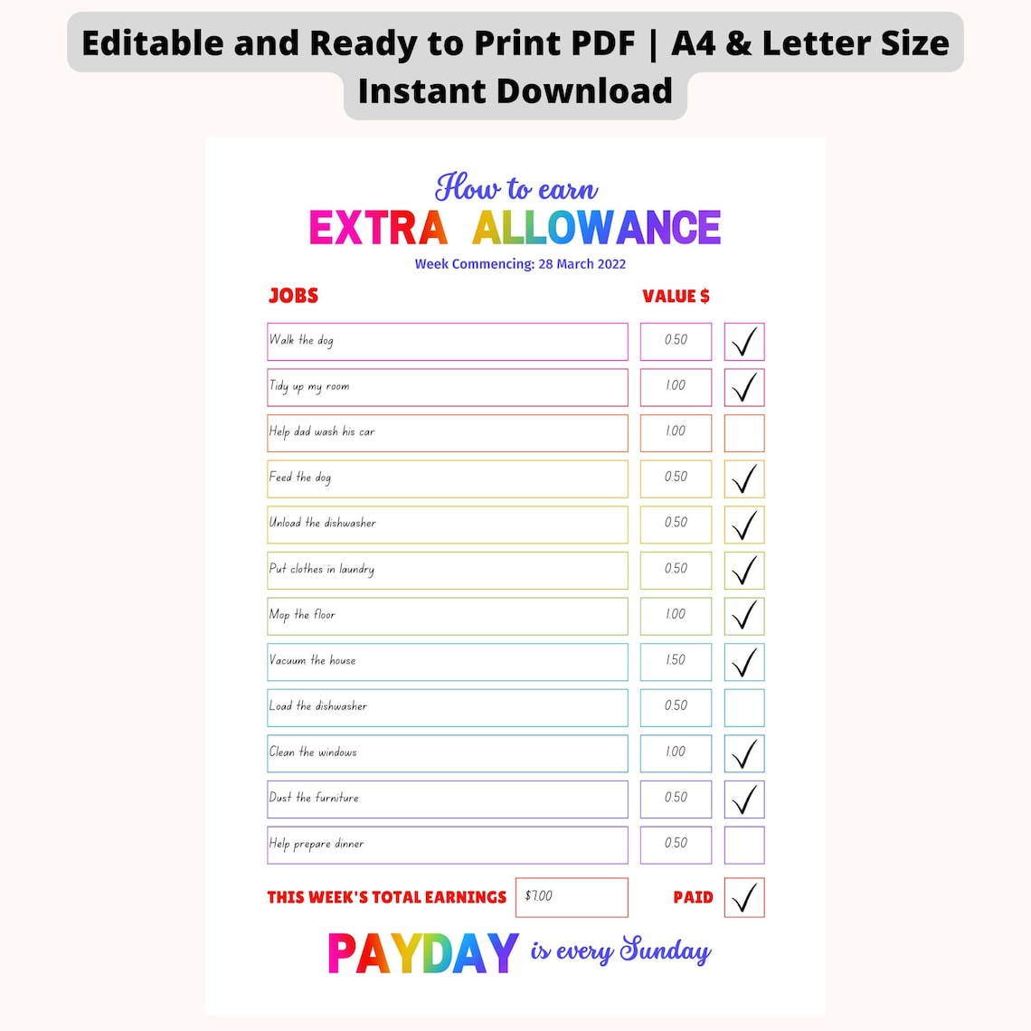 EDITABLE Allowance Chore Chart Rainbow How to Earn Money Editable Chore ...