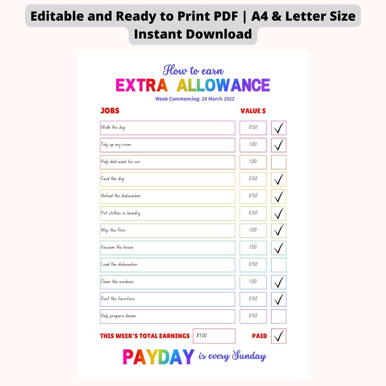 EDITABLE Allowance Chore Chart - Rainbow | How to Earn Money | Editable ...