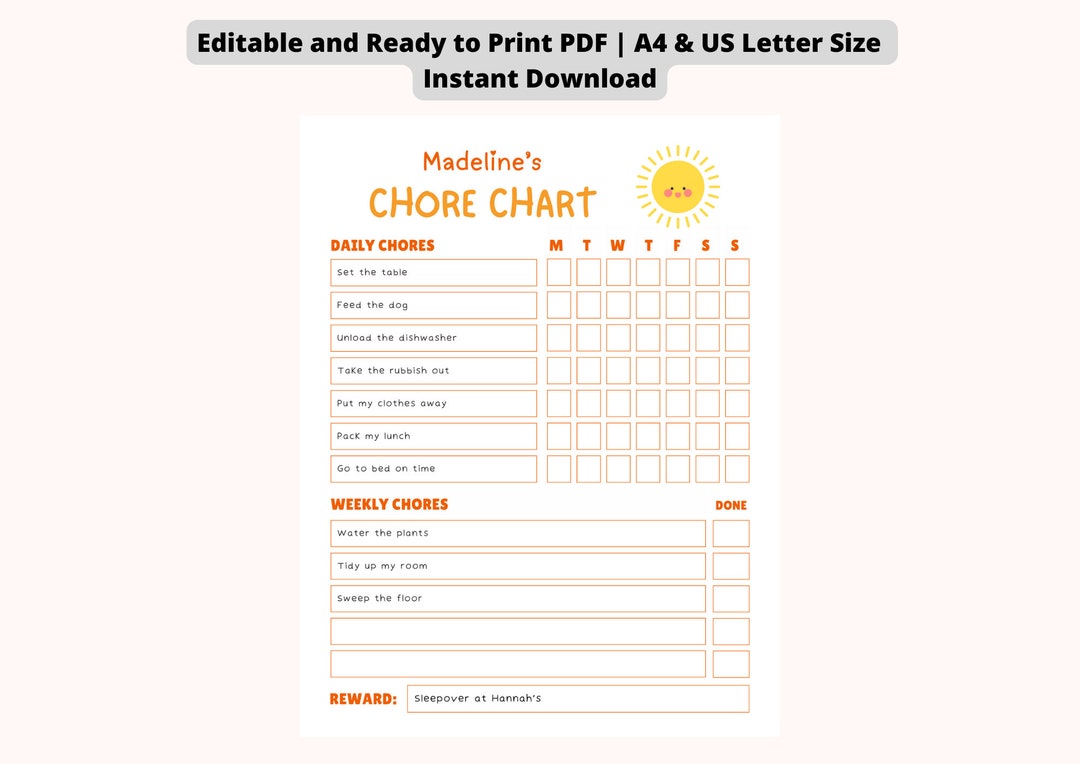 EDITABLE Kids Daily & Weekly Chore Chart Kids Reward Chore - Etsy