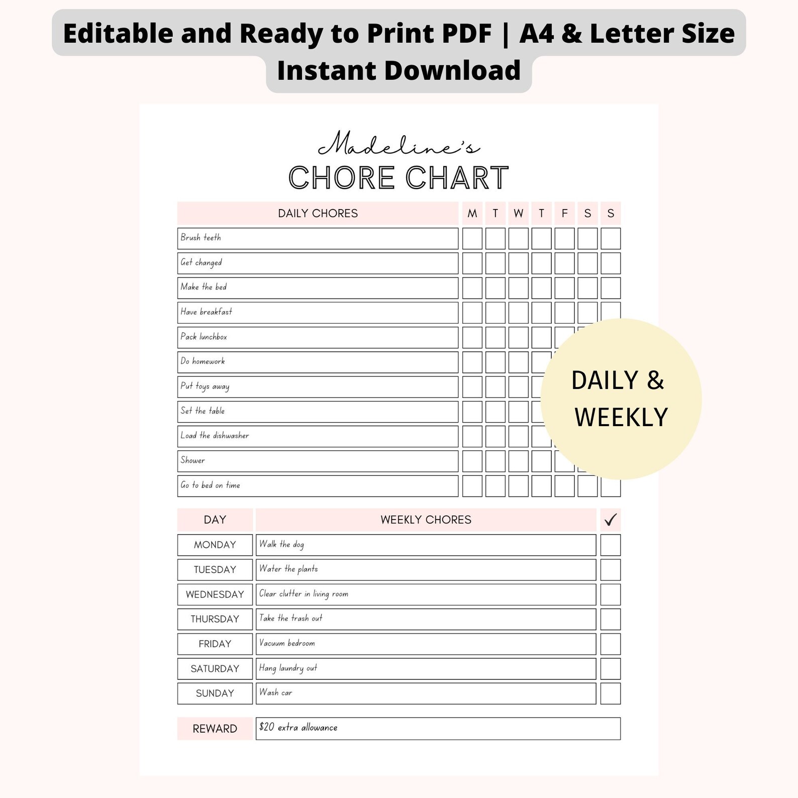 EDITABLE Daily & Weekly Chore Chart for Teens | Kids Chore Chart ...