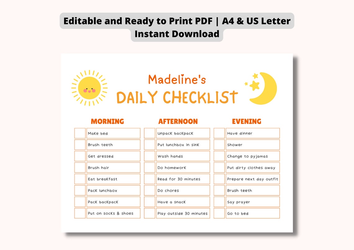 EDITABLE Kids Daily Checklist | Kids Routine Checklist | Daily Routine ...